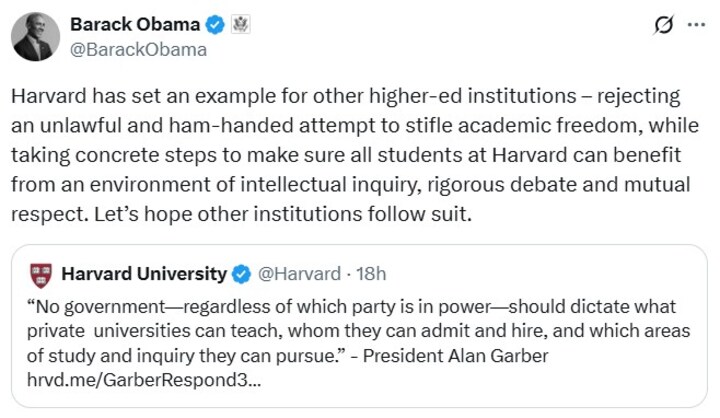 Obama bakker Harvard op: 'Lad os håbe, at andre institutioner følger ...