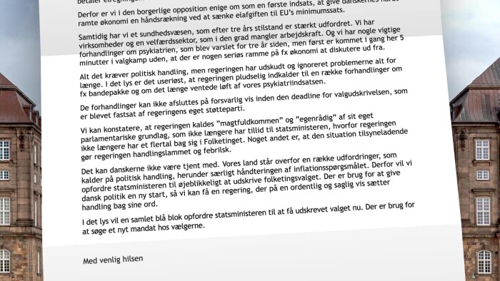 Blå partier i brev til Mette Frederiksen: 'Udskriv det valg nu ... Blå partier i brev til Mette Frederiksen: 'Udskriv det valg nu ...
