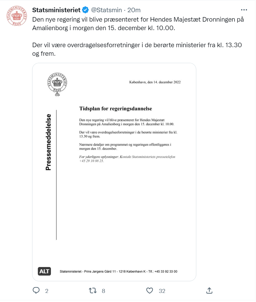 Den nye regerings ministre skal til dronningen i morgen formiddag | Nyheder | DR